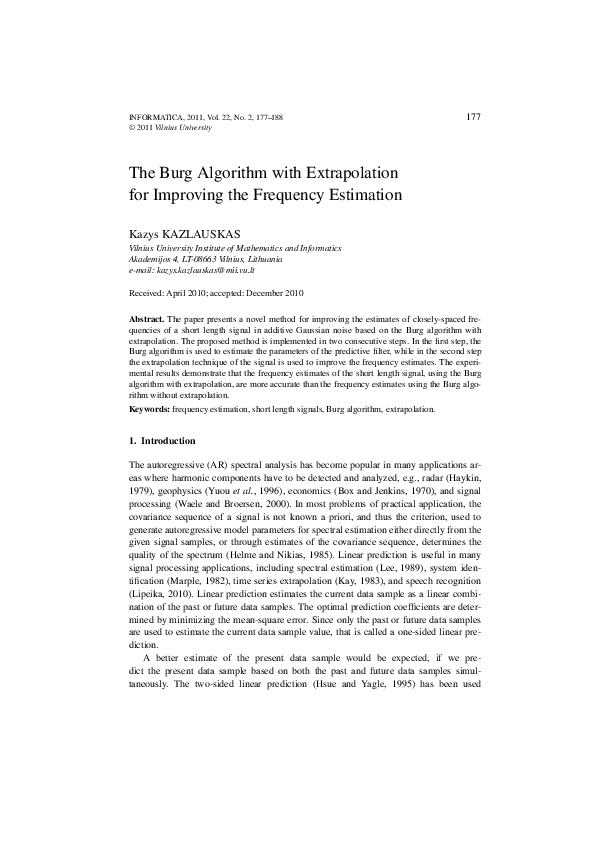 (PDF) The Burg Algorithm with Extrapolation for Improving the Frequency Estimation