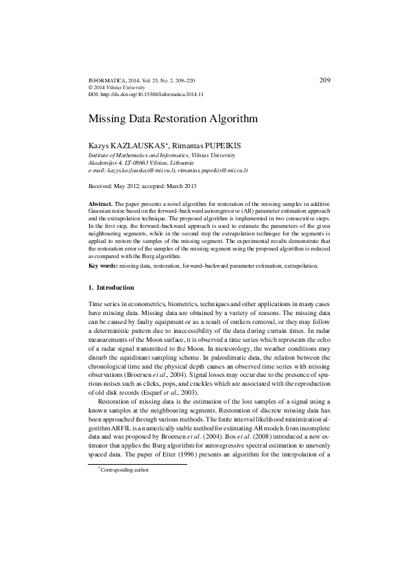 (PDF) Missing Data Restoration Algorithm