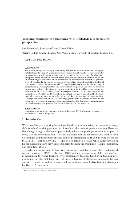 (PDF) Teaching computer programming with PRIMM: a sociocultural perspective