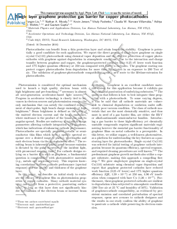 (PDF) Single layer graphene protective gas barrier for copper photocathodes | claudia narvaez ...