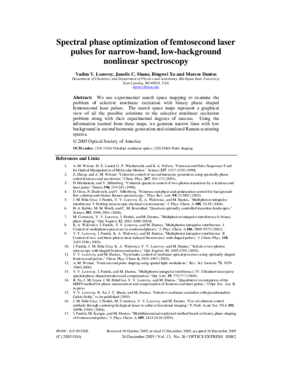 (PDF) Spectral phase optimization of femtosecond laser pulses for narrow-band, low-background ...