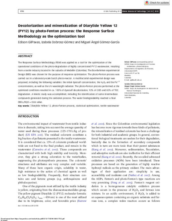 (PDF) Decolorization and mineralization of Diarylide Yellow 12 (PY12 ...