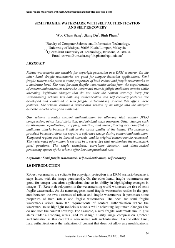 (PDF) Semi Fragile Watermark With Self Authentication And Self Recovery