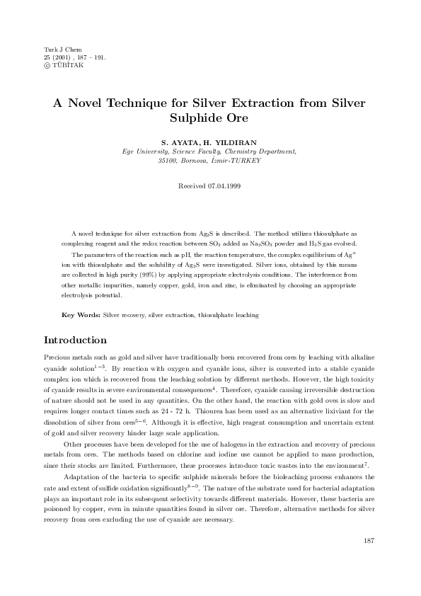 (PDF) A Novel Technique for Silver Extraction from Silver Sulphide Ore