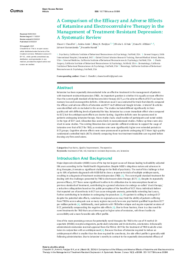 (PDF) A Comparison of the Efficacy and Adverse Effects of Ketamine and ...