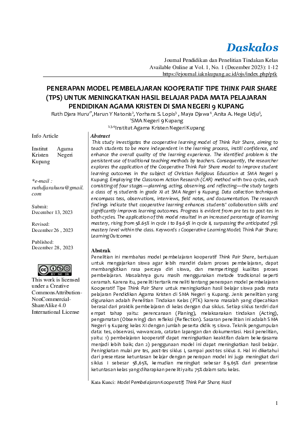 (PDF) Penerapan Model Pembelajaran Kooperatif Tipe Think Pair Share ...