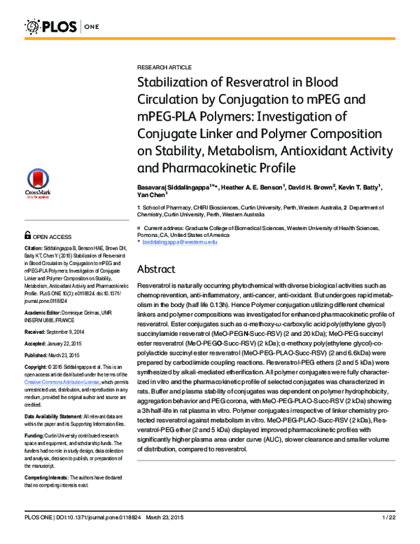 (PDF) Stabilization of Resveratrol in Blood Circulation by Conjugation ...
