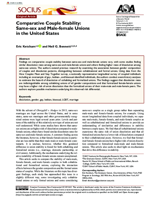 (PDF) Comparative Couple Stability: Same-sex and Male-female Unions in ...