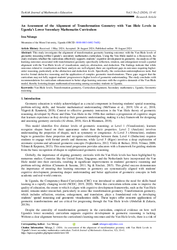(PDF) An Assessment of the Alignment of Transformation Geometry with Van Hiele Levels in Uganda ...