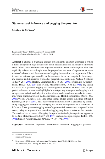 (PDF) Statements of inference and begging the question | Matthew McKeon ...