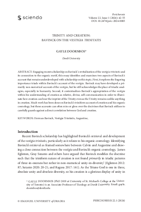 (PDF) Trinity and Creation: Bavinck on the Vestigia Trinitatis