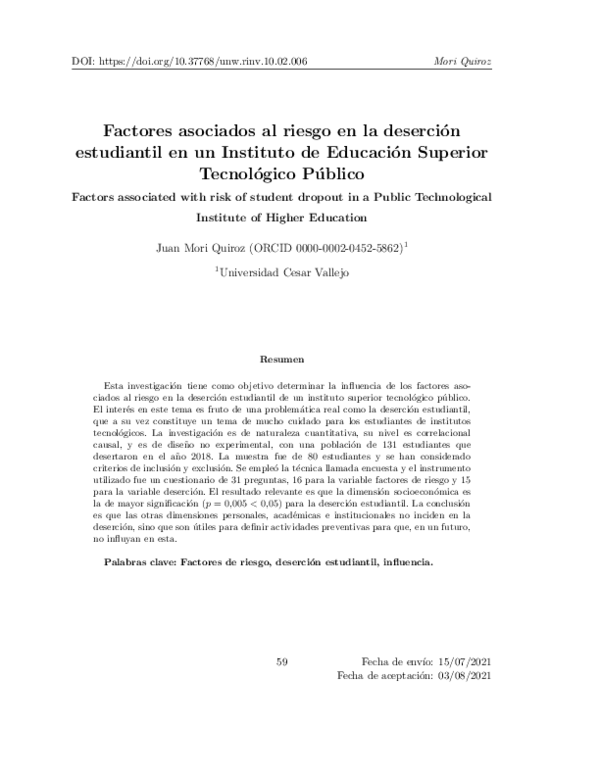 (PDF) Factores asociados al riesgo en la deserción estudiantil en un ...