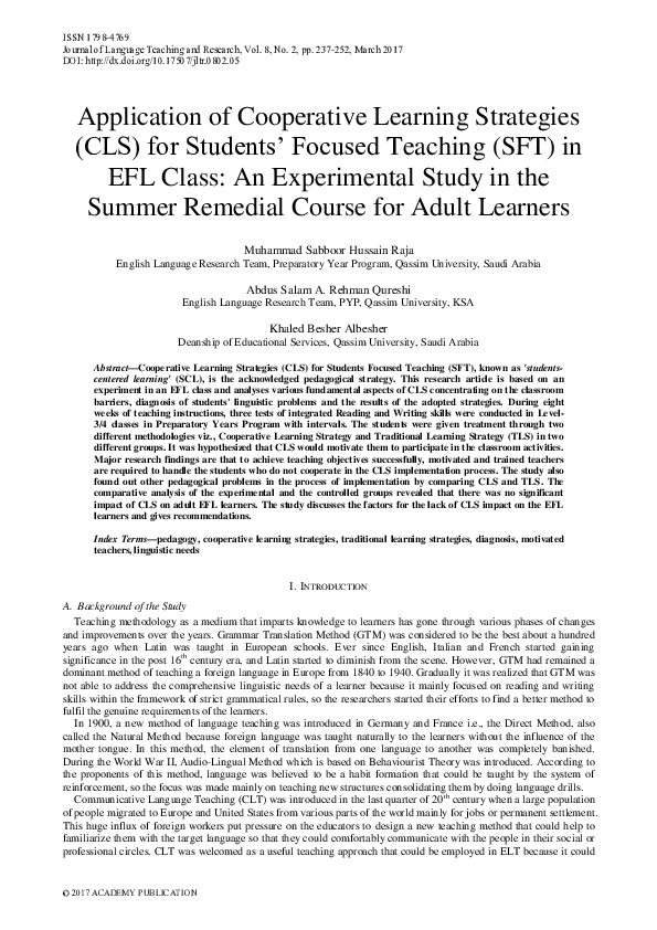 (PDF) Application of Cooperative Learning Strategies (CLS) for Students ...