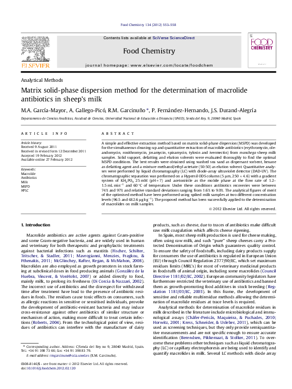 (PDF) Matrix solid-phase dispersion method for the determination of macrolide antibiotics in ...
