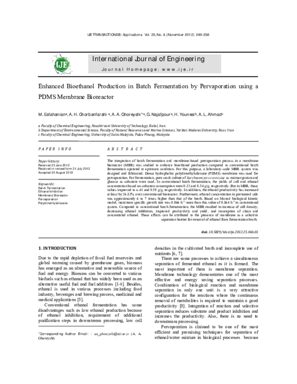 (PDF) Enhanced Bioethanol Production in Batch Fermentation by Pervaporation Using a PDMS ...
