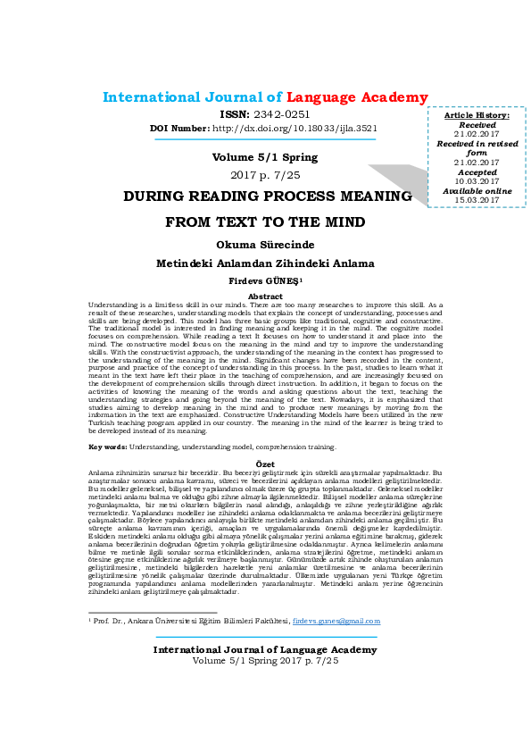 (PDF) Okuma Süreci̇nde Meti̇ndeki̇ Anlamdan Zi̇hi̇ndeki̇ Anlama ...