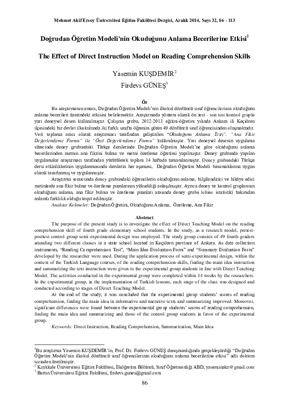 (PDF) Doğrudan Öğreti̇m Modeli̇ni̇n Okuduğunu Anlama Beceri̇leri̇ne ...