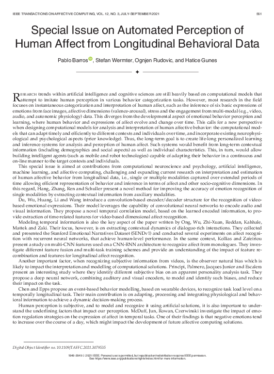 (PDF) Special Issue on Automated Perception of Human Affect from Longitudinal Behavioral Data