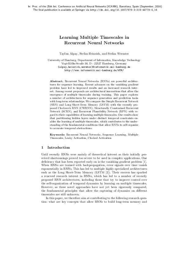 (PDF) Learning Multiple Timescales in Recurrent Neural Networks