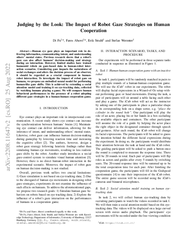 (PDF) Judging by the Look: The Impact of Robot Gaze Strategies on Human Cooperation | Stefan ...