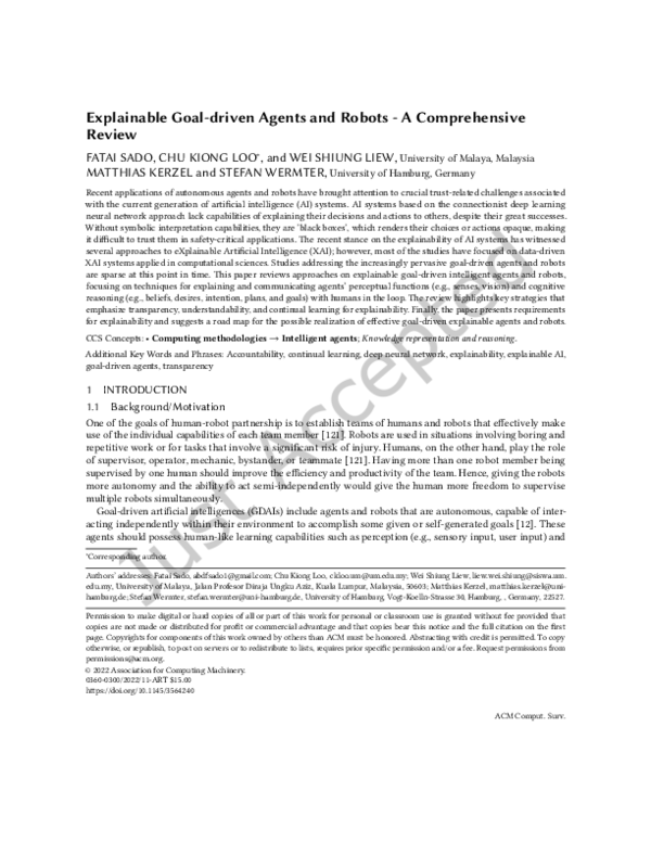 (PDF) Explainable Goal-driven Agents and Robots - A Comprehensive Review