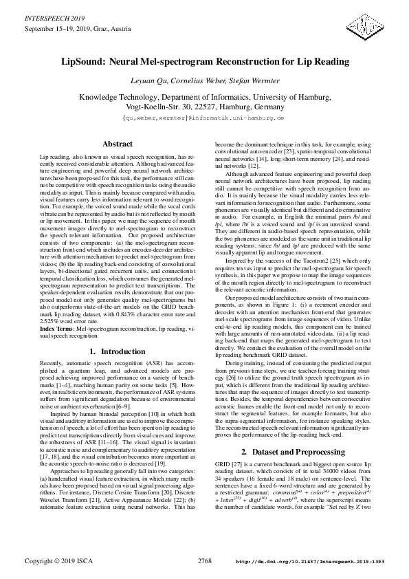 (PDF) LipSound: Neural Mel-Spectrogram Reconstruction for Lip Reading | Stefan Wermter ...