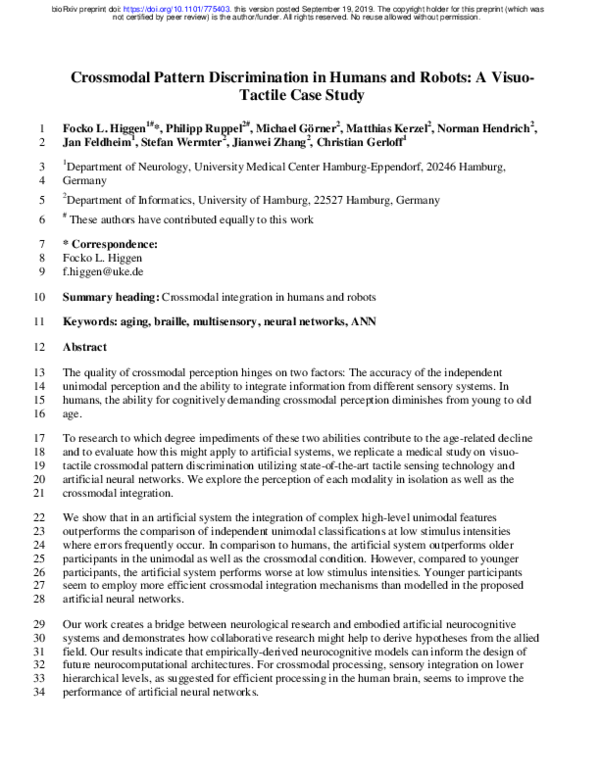 (PDF) Crossmodal Pattern Discrimination in Humans and Robots: A Visuo-Tactile Case Study