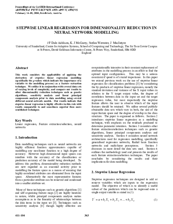 (PDF) Stepwise Linear Regression Dimensionality Reduction in Neural Network Modelling