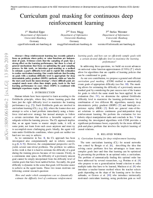 (PDF) Curriculum goal masking for continuous deep reinforcement learning