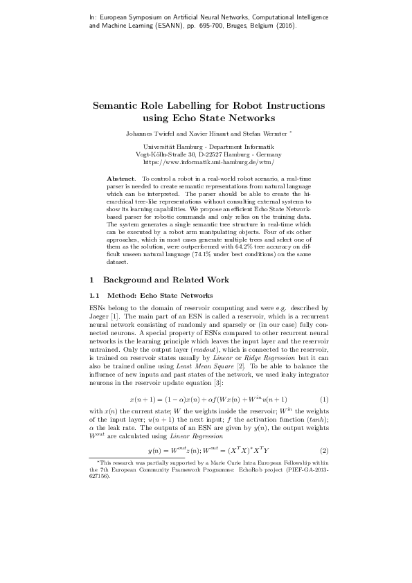 (PDF) Semantic Role Labelling for Robot Instructions using Echo State Networks