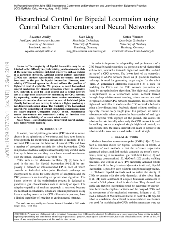 (PDF) Hierarchical Control for Bipedal Locomotion using Central Pattern Generators and Neural ...