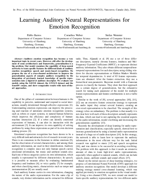 (PDF) Learning auditory neural representations for emotion recognition