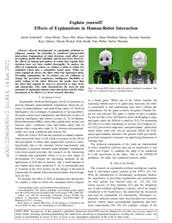 (PDF) Explain yourself! Effects of Explanations in Human-Robot Interaction