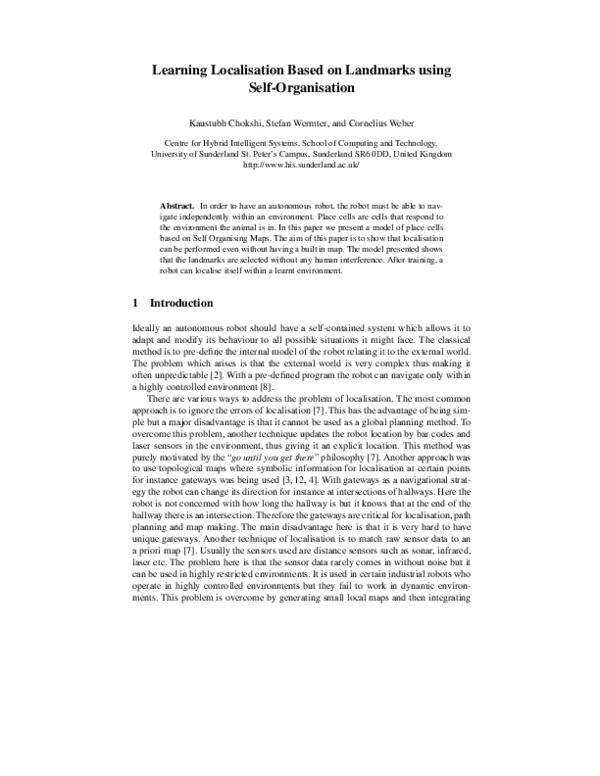 (PDF) Learning Localisation Based on Landmarks Using Self-Organisation