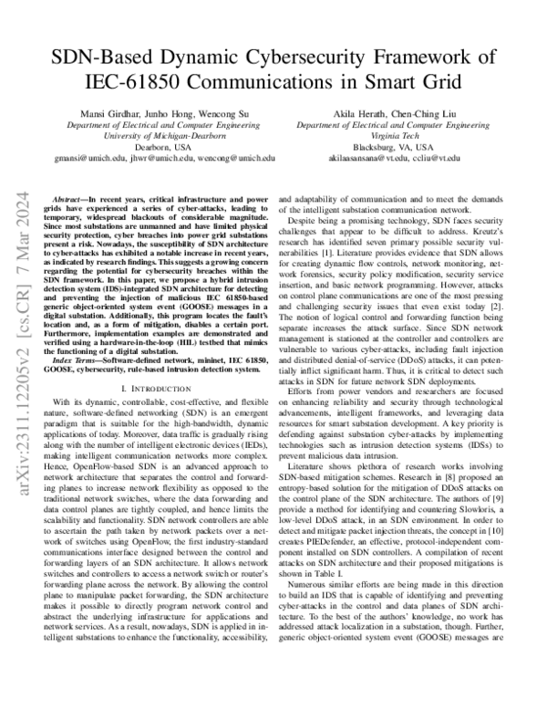 (PDF) SDN-Based Dynamic Cybersecurity Framework of IEC-61850 Communications in Smart Grid