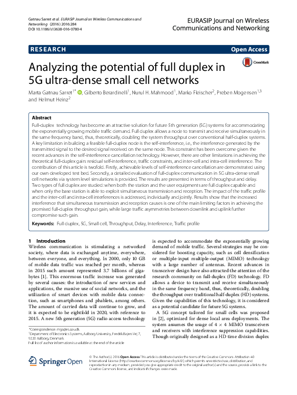 (PDF) Analyzing the potential of full duplex in 5G ultra-dense small cell networks