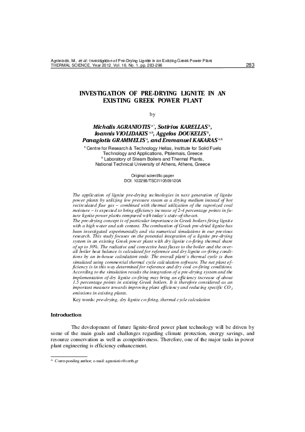 (PDF) Investigation of pre-drying lignite in an existing Greek power plant