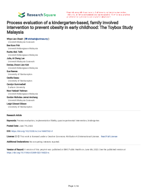 (PDF) Process evaluation of a kindergarten-based, family involved ...