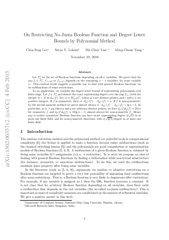 (PDF) On Restricting No-Junta Boolean Function and Degree Lower Bounds by Polynomial Method