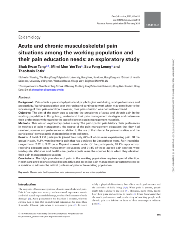 (PDF) Acute and chronic musculoskeletal pain situations among the working population and their ...