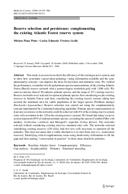 (PDF) Reserve selection and persistence: complementing the existing ...