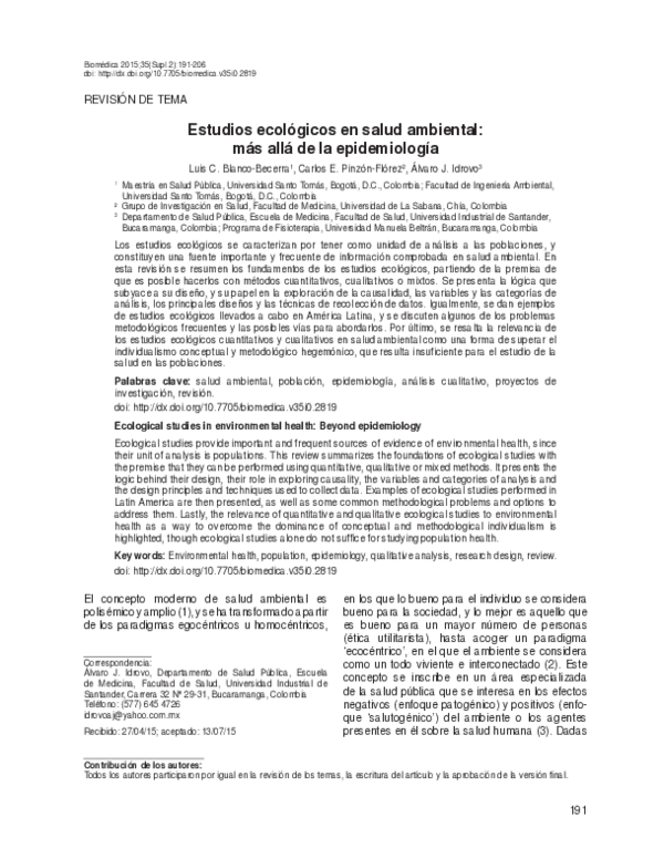 (PDF) Estudios ecológicos en salud ambiental: más allá de la epidemiología