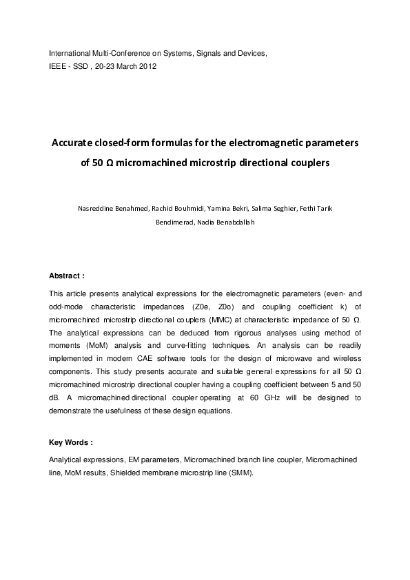(PDF) Accurate closed-form formulas for the electromagnetic parameters of 50 Ω micromachined ...