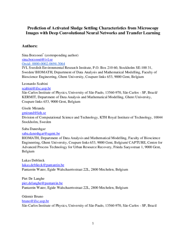 (PDF) Prediction of Activated Sludge Settling Characteristics from Microscopy Images with Deep ...