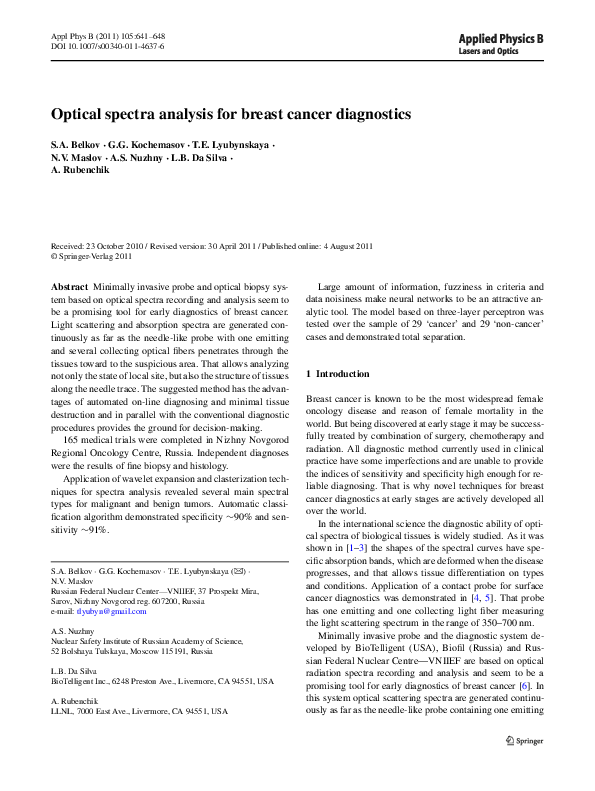 (PDF) Optical spectra analysis for breast cancer diagnostics