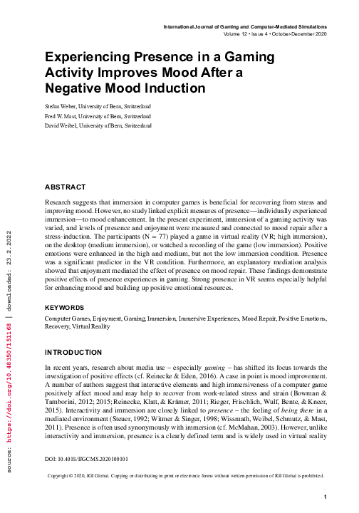 (PDF) Experiencing Presence in a Gaming Activity Improves Mood After a ...