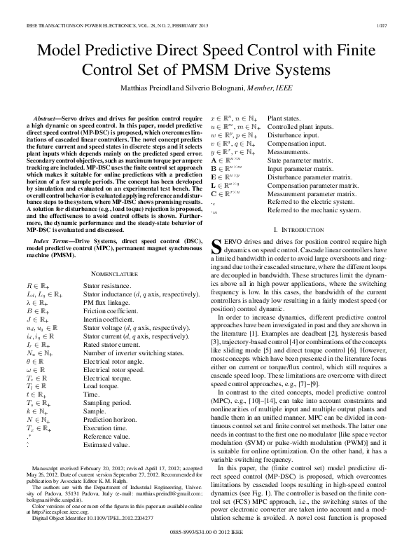 (PDF) Model Predictive Direct Speed Control with Finite Control Set of ...