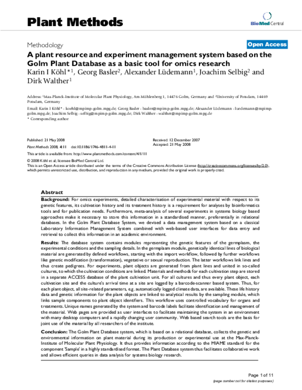 (PDF) A plant resource and experiment management system based on the Golm Plant Database as a ...