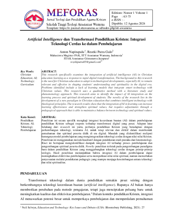 (PDF) Artificial Intelligence dan Transformasi Pendidikan Kristen: Integrasi Teknologi Cerdas ke ...
