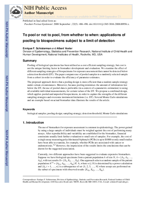 (PDF) To pool or not to pool, from whether to when: applications of pooling to biospecimens ...